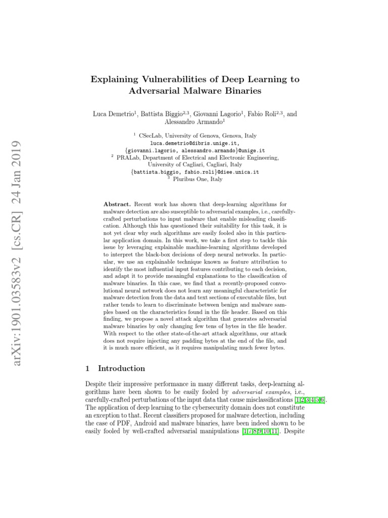 Explaining Vulnerabilities of Deep Learning To Adversarial Malware Binaries | PDF | Deep ...