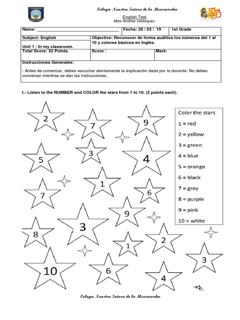 English Test - 1st Grade | PDF