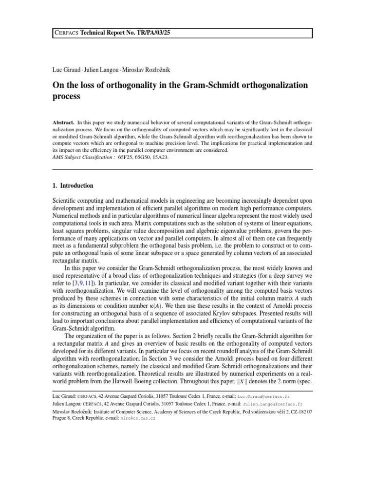 On The Loss of Orthogonality in The Gram-Schmidt Orthogonalization Process | PDF | Numerical ...