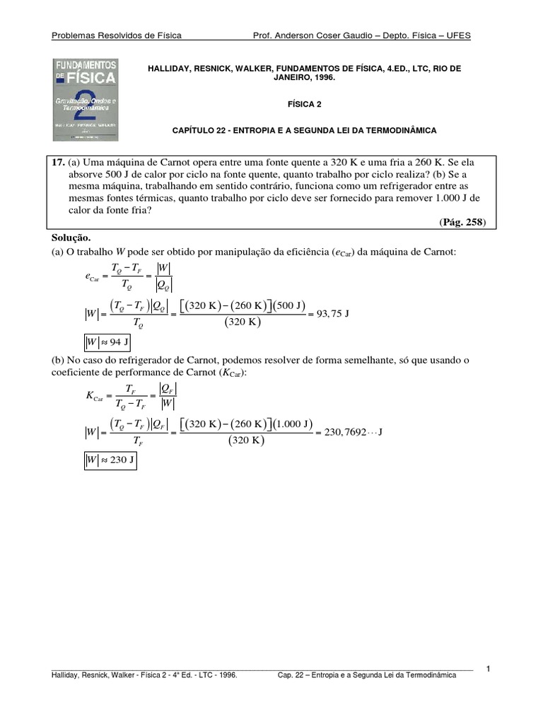Halliday Resnick Walker Física 2 Capítulo 22 Entropia e Segunda Lei da Termodinâmica Problema 17 ...