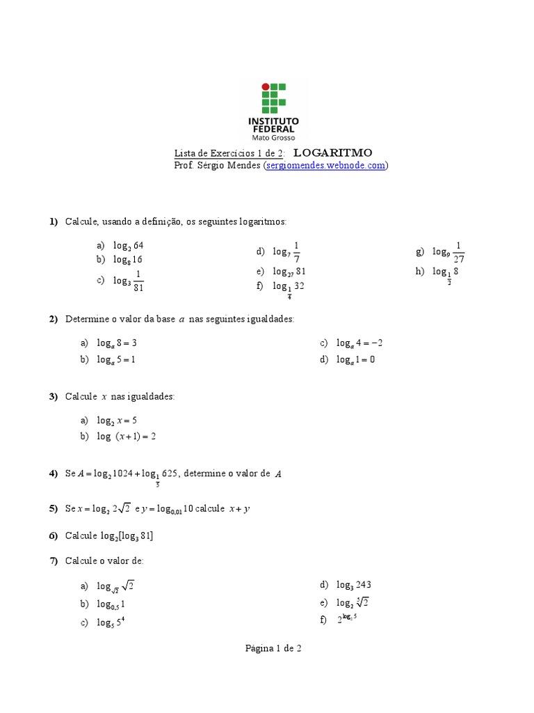 Lista 1 Logaritmo | PDF | Analise matemática | Ensino de Matemática