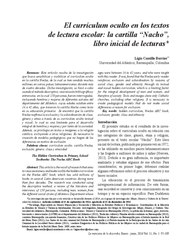 El currículum oculto en los textos escolares: Un análisis del libro de lectura inicial "Nacho ...