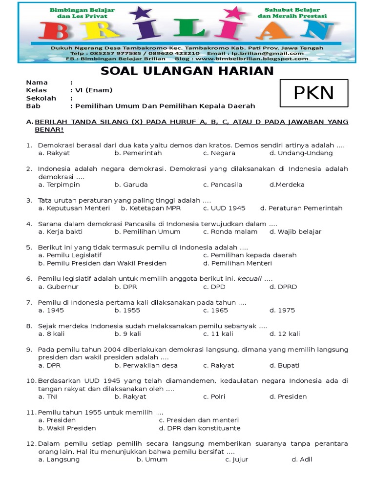 Soal PKN Kelas 6 SD Bab 2 Pemilihan Umum Dan Pemilihan Kepala Daerah Dan Kunci Jawaban PDF | PDF
