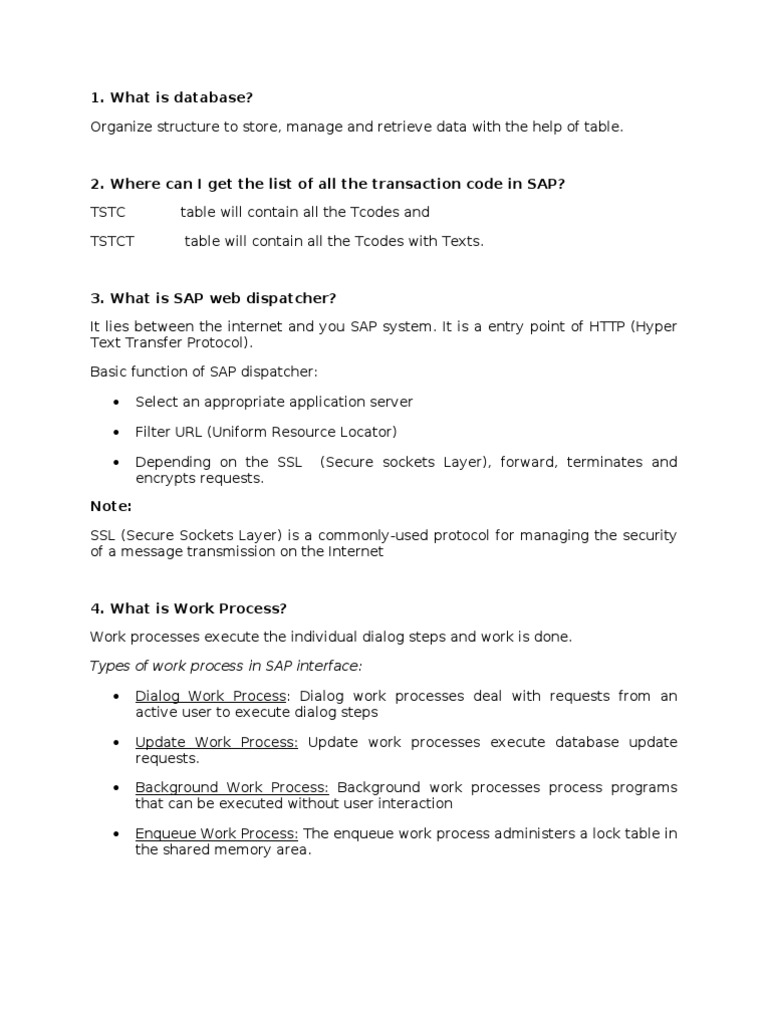 What Is Database Types Of Work Process In SAP Interface PDF