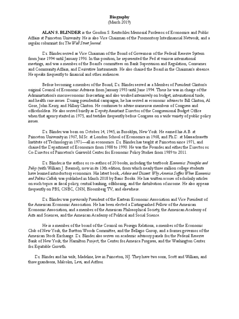 Biography ALAN S. BLINDER Is The Gordon S. Rentschler Memorial ...