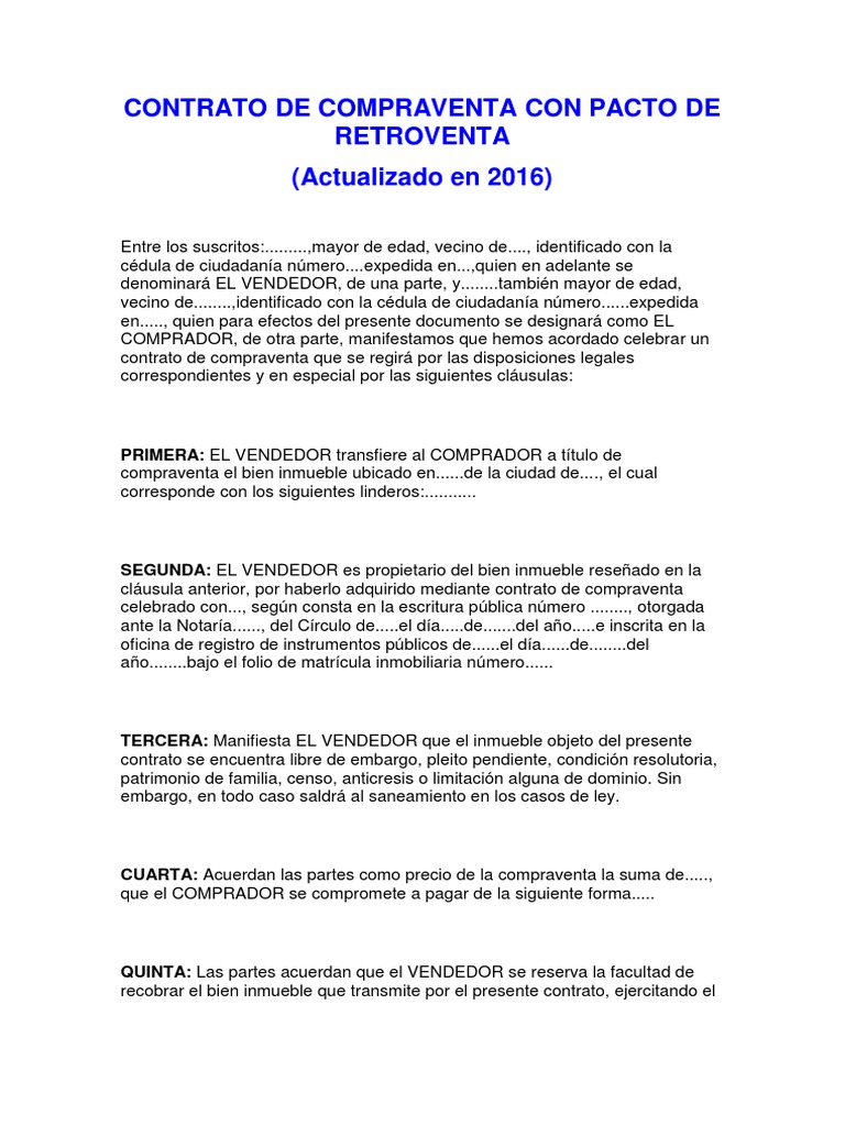 CONTRATO DE COMPRAVENTA CON PACTO DE RETROVENTA.docx | Derecho privado ...
