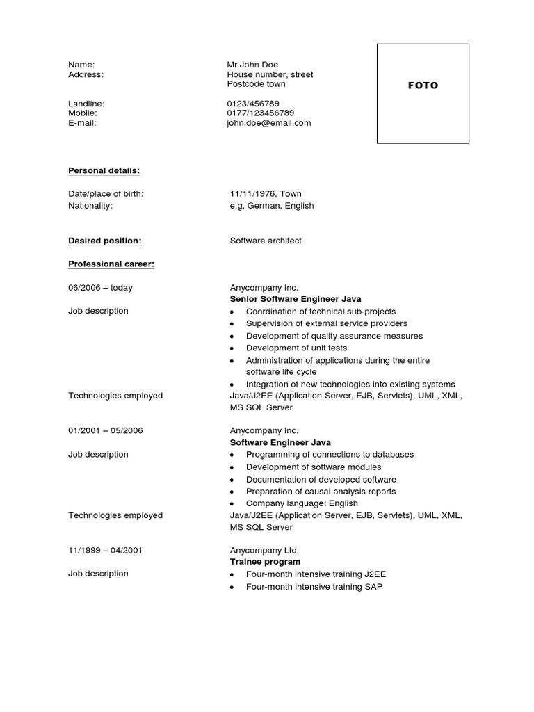 CV Muster Permanent en | PDF | Application Server | Java Platform