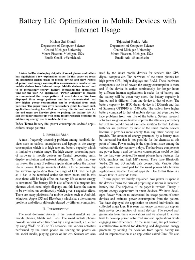 Battery Life Optimization in Mobile Devices With Internet Usage ...