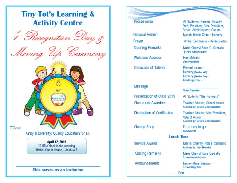 1 Recognition Day & Moving Up Ceremony: Tiny Tot's Learning & Activity ...