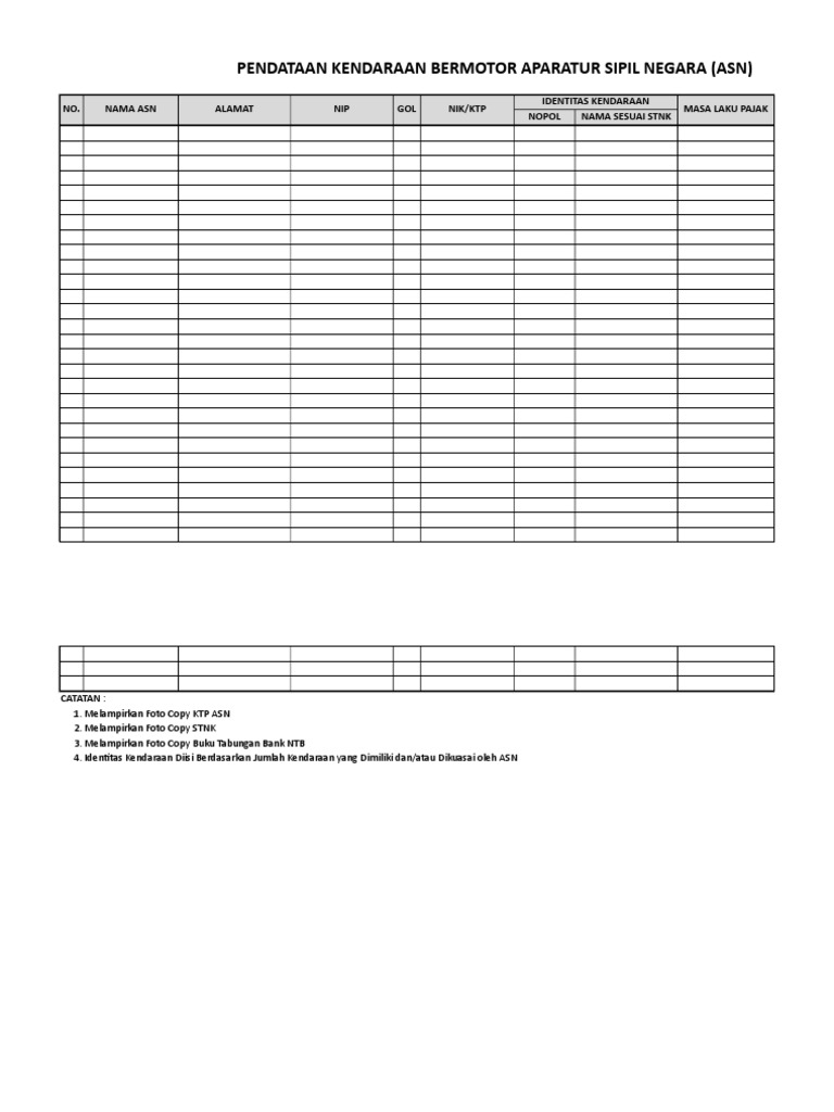 Form Pendataan Kendaraan Bermotor ASN | PDF
