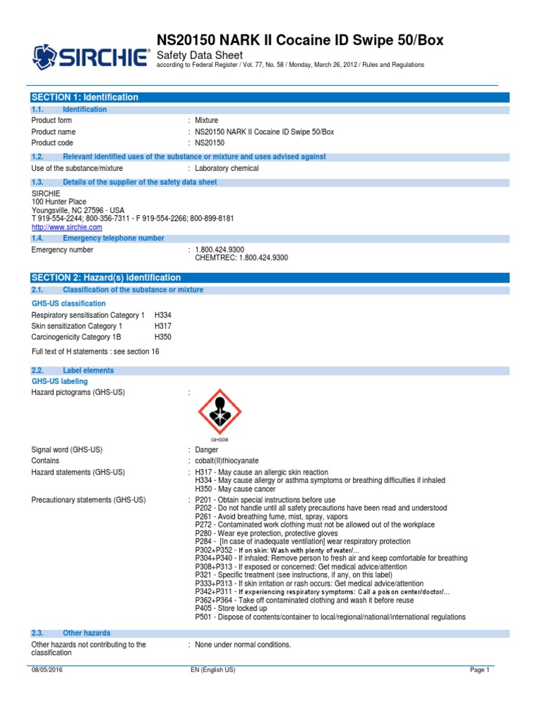 NS20150 NARK II Cocaine ID Swipe 50/box: Safety Data Sheet | PDF ...