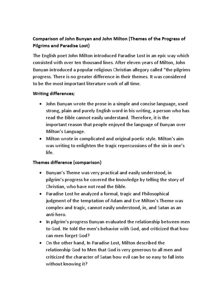 Comparison of John Bunyan and John Milton | PDF | Paradise Lost | The Pilgrim's Progress