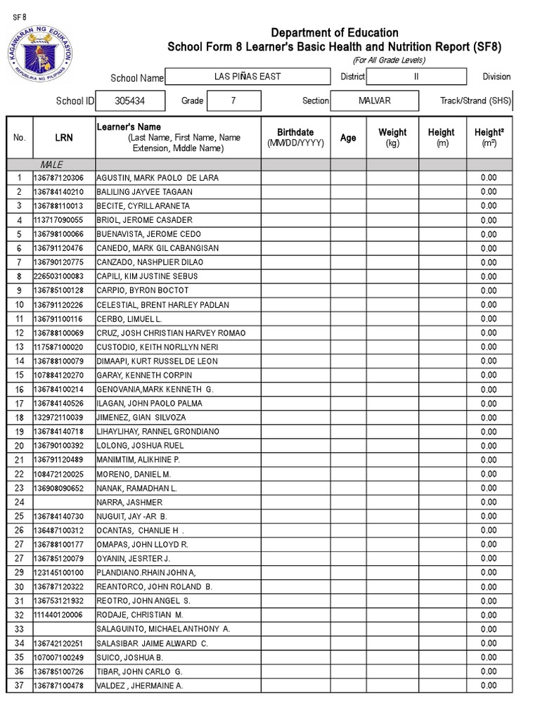 Department of Education School Form 8 Learner's Basic Health and ...