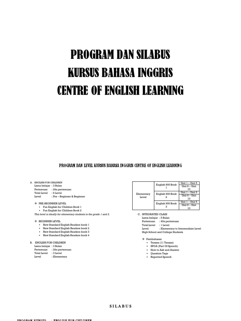 Program Dan Silabus Kursus Bahasa Inggris Centre of English Learning ...