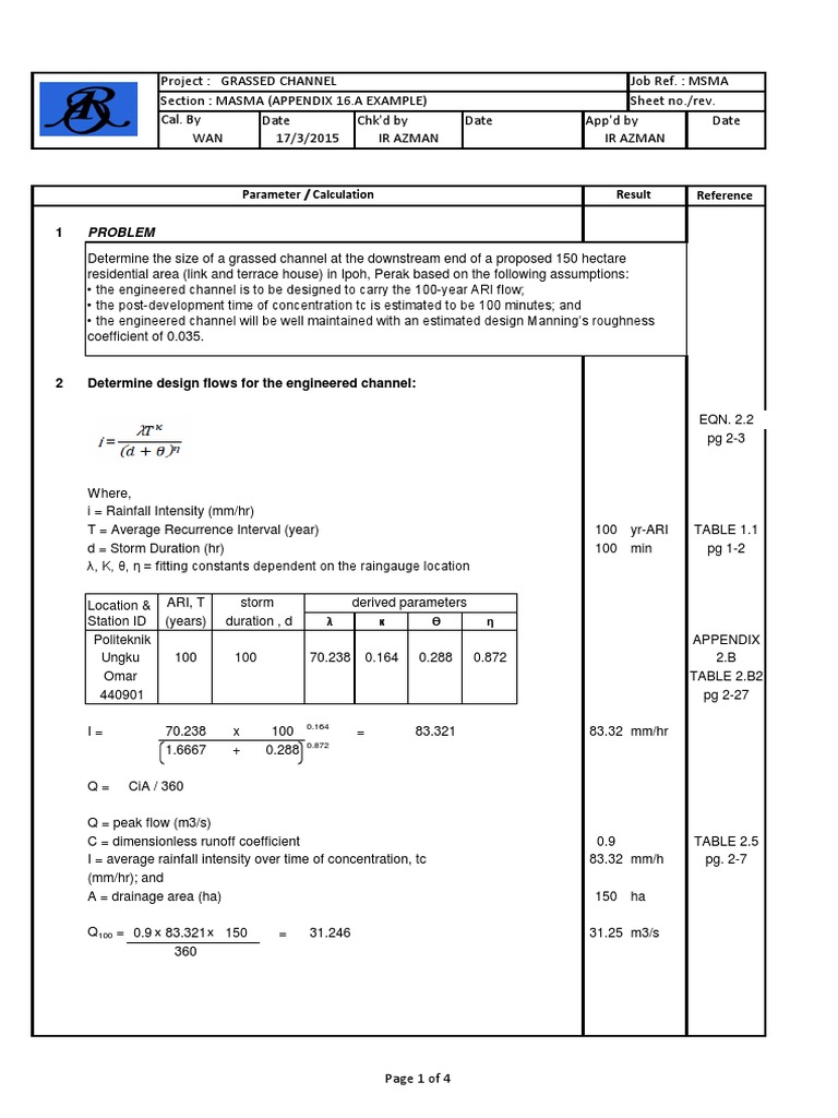 Appendix 16.a Example - Grass Channel | PDF | Physics | Mechanics
