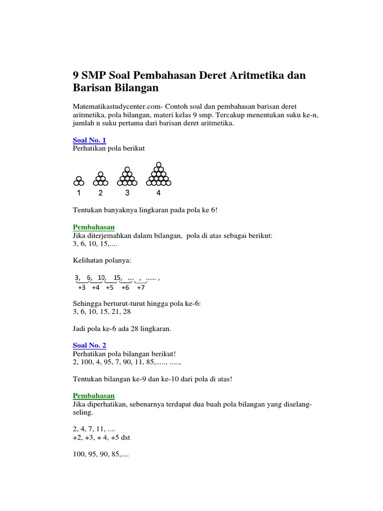 9 SMP Soal Pembahasan Deret Aritmetika Dan Barisan Bilangan | PDF