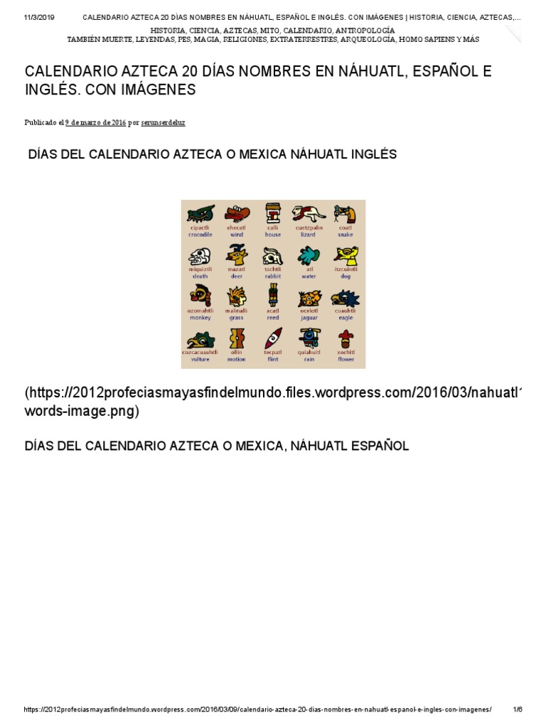 Calendario Azteca 20 Días Nombres en Náhuatl, Español e Inglés. Con ...