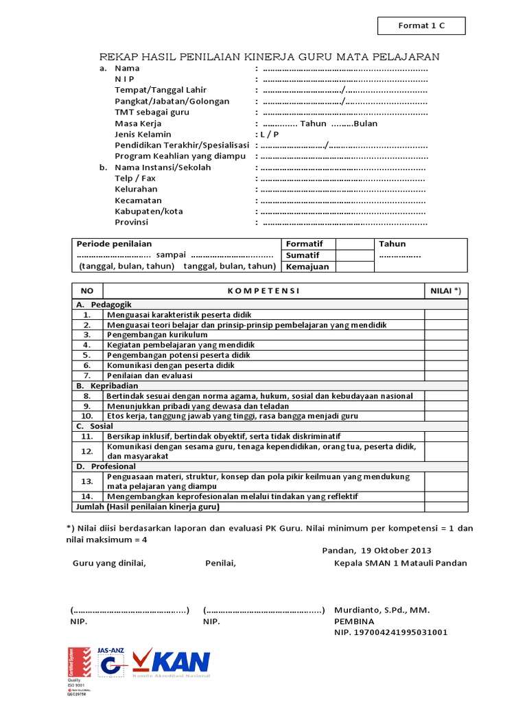 Format REKAP HASIL PENILAIAN KINERJA GURU MAPEL | PDF