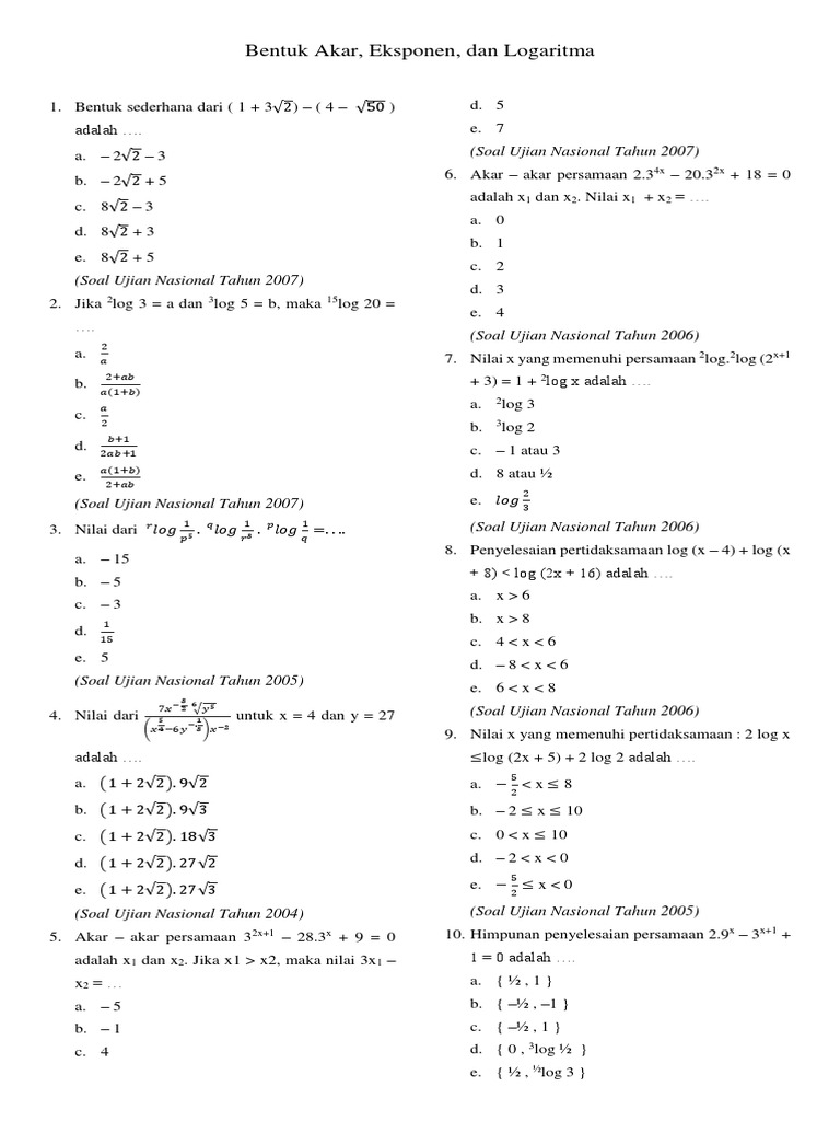 Soal Latihan Akar, Eksponen, Dan Logaritma | PDF | Metode & Bahan Ajar