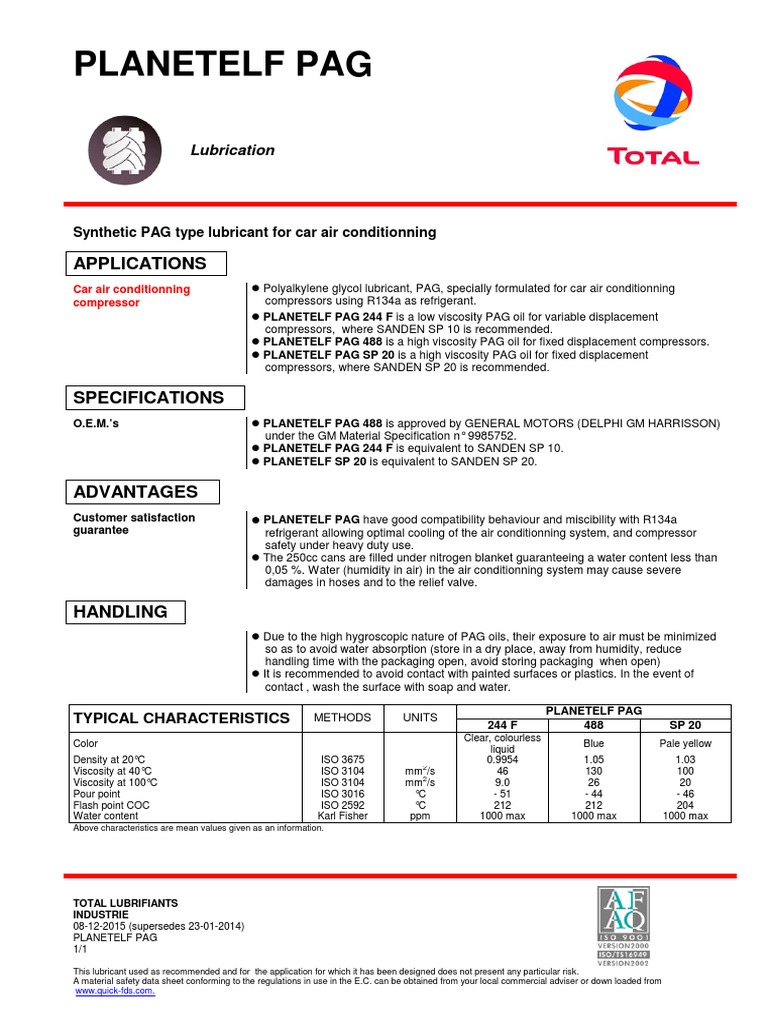Planetelf PAG PDF | PDF | Air Conditioning | Lubricant