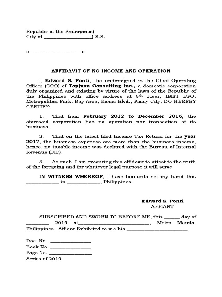 Affidavit of Non OperatioN:Income | PDF | Affidavit | Taxation