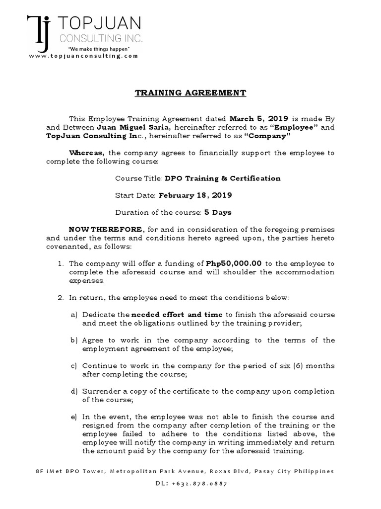 Training Agreement Between Employer And Employee Template