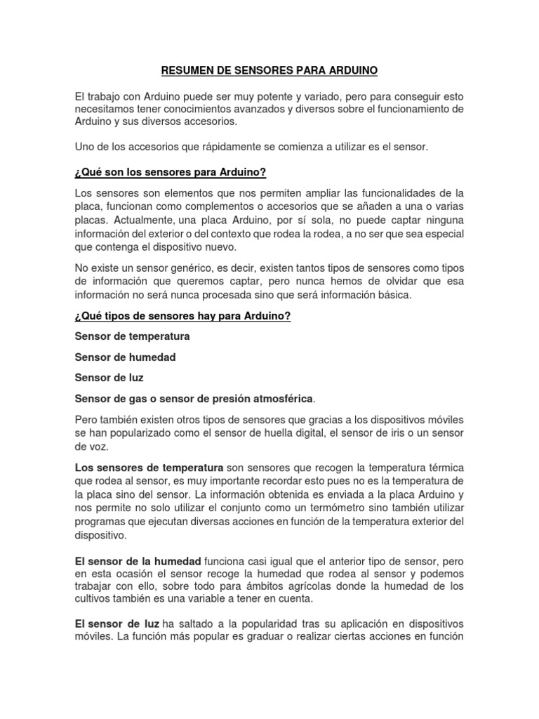 Resumen de Sensores para Arduino | PDF | Arduino | Sensor