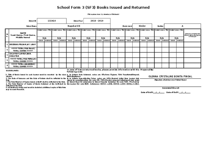 School Form 3 (SF3) Books Issued and Returned: 132410 2018 - 2019 ...