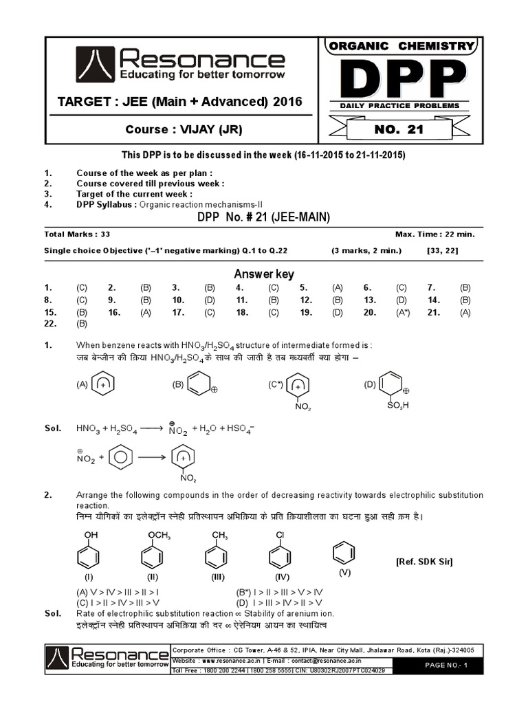 DPP No.21 - (Org) - Reaction Mechanism-I | PDF | Chloride | Chemical Reactions