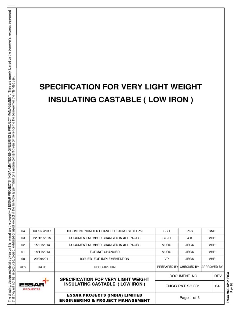 ENGG.P&T.SC.001 - R04 Standard Technical Specification For Very Light Weight Insulating Castable ...