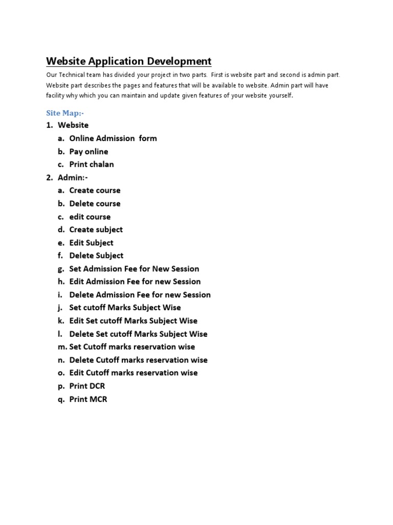 Website and Admin Application Features | PDF
