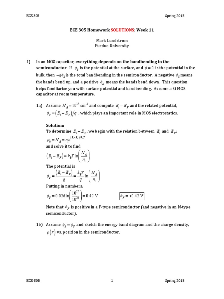 ECE 305 Homework: Week 11: Solutions | PDF | Mosfet | Physics