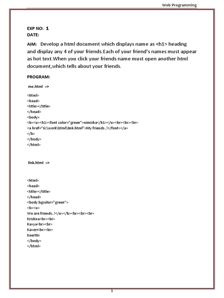 Exp No: 1 Date: Aim:: Me - HTML | PDF | Cyberspace | Hypertext