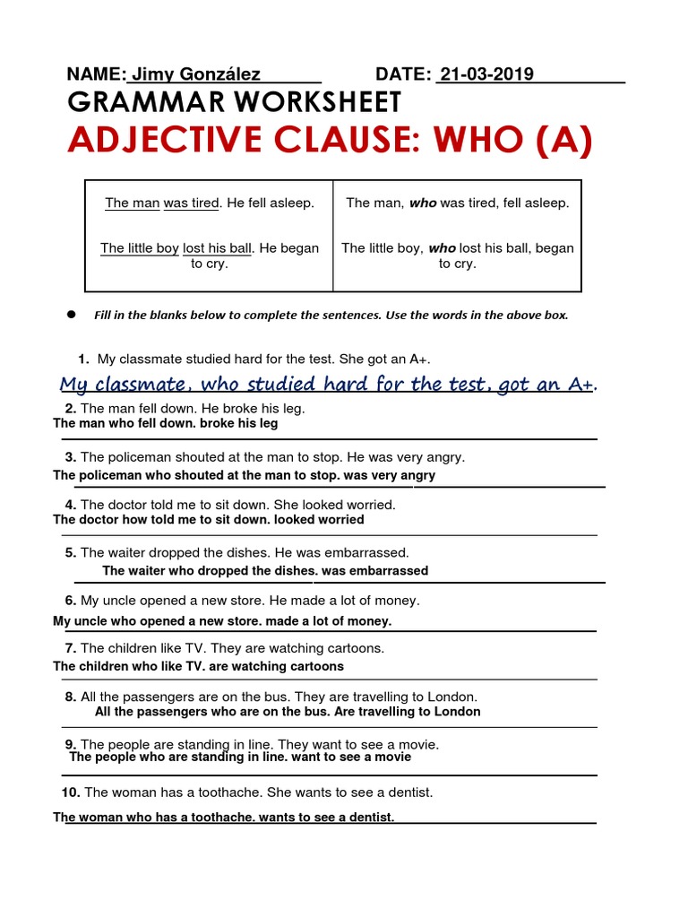 Adjective Clause: Who (A) : Grammar Worksheet | PDF | Language Arts ...