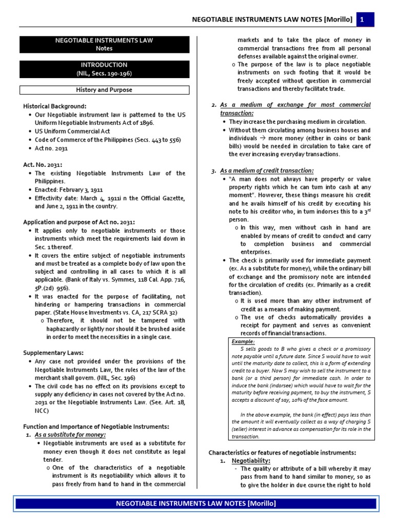 Negotiable Instruments Law Notes (NIL, Secs. 190-196) | PDF ...