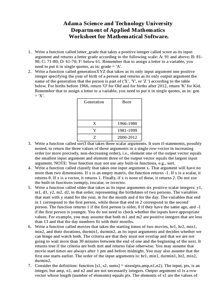 Worksheet | PDF | Parameter (Computer Programming) | Function (Mathematics)