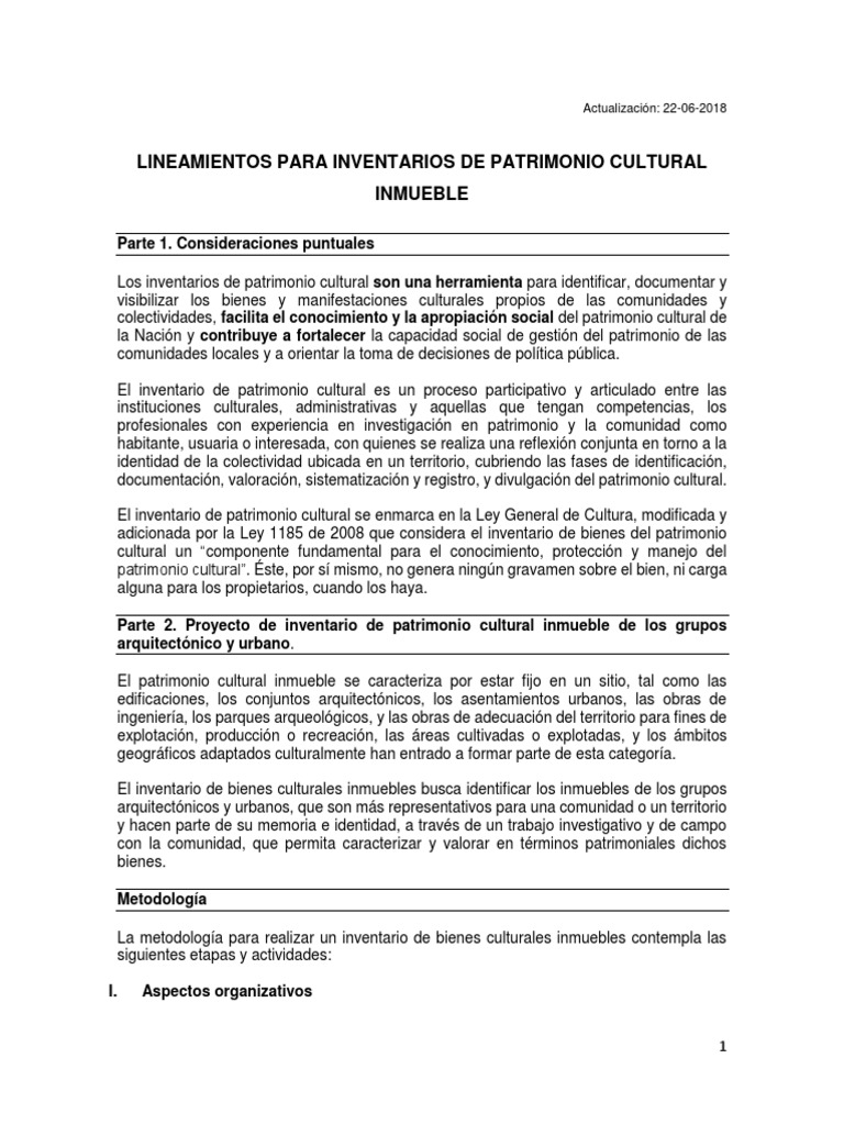 Lineamientos para Inventarios de Patrimonio Cultural Inmueble | PDF | Patrimonio cultural ...