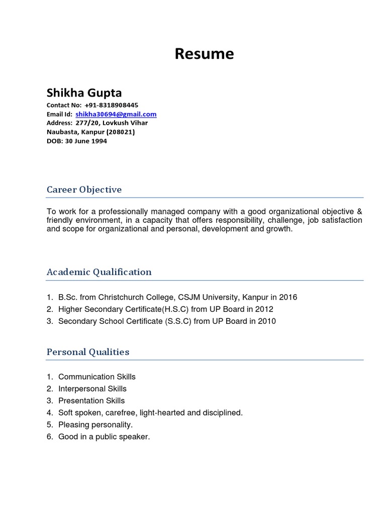 Resume: Shikha Gupta | PDF | Learning | Cognition