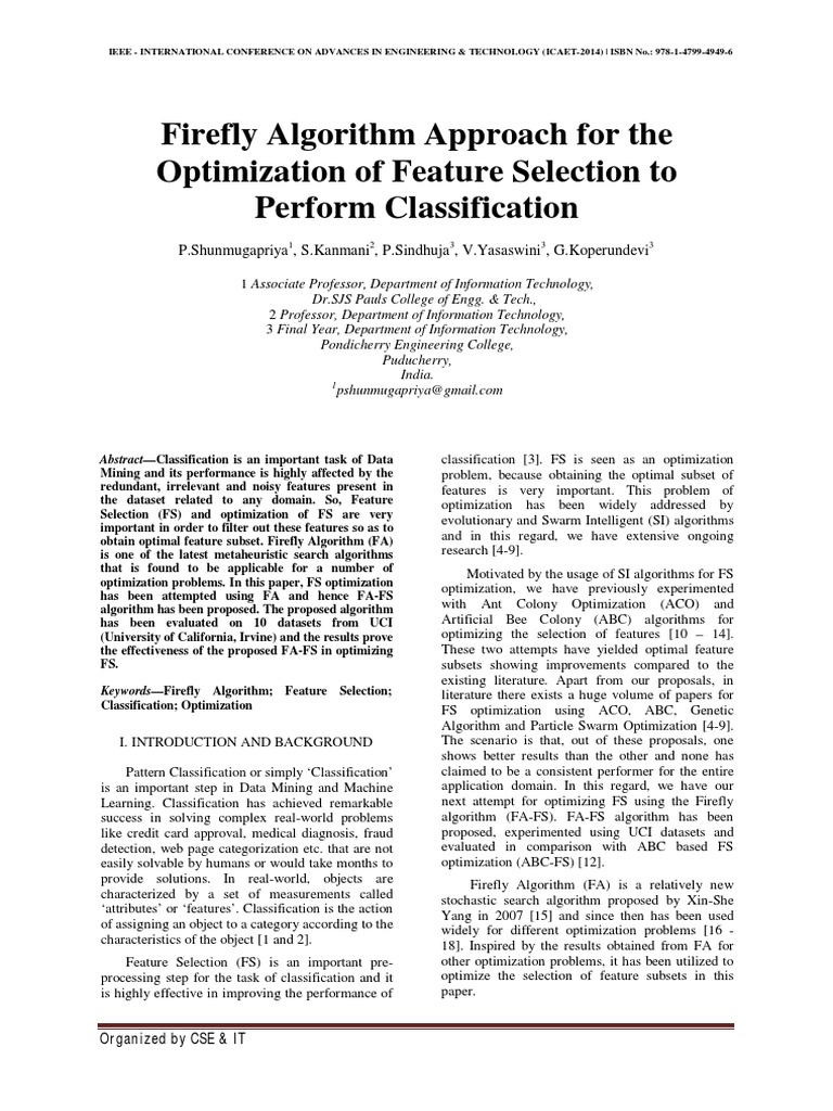 Optimization Of Feature Selection For Classification Using Firefly Algorithm Pdf Statistical