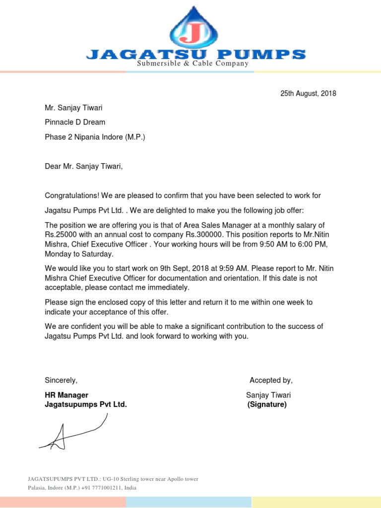 Sanjay Tiwari Offer Letter | PDF
