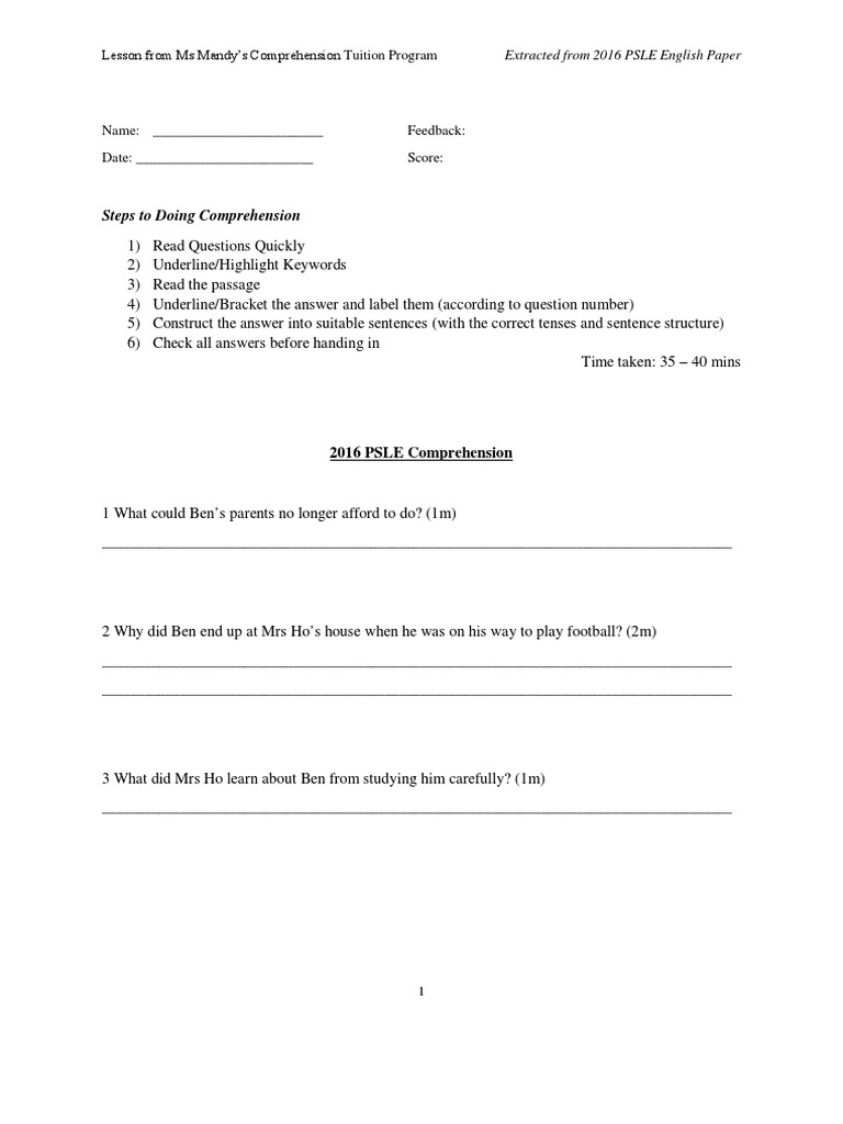 2016 PSLE English Comprehension Guide | PDF | Reading Comprehension