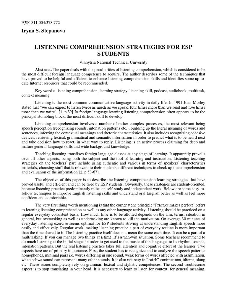 Practical Listening Comprehension Strategies for ESP Students | PDF ...
