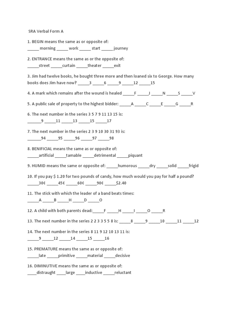 SRA Verbal Form A | PDF | Nature