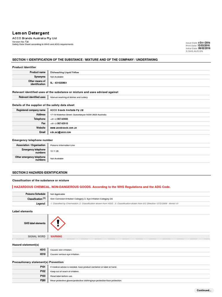 Msds - Lemon Detergent Acco Brands | PDF | Allergy | Toxicity