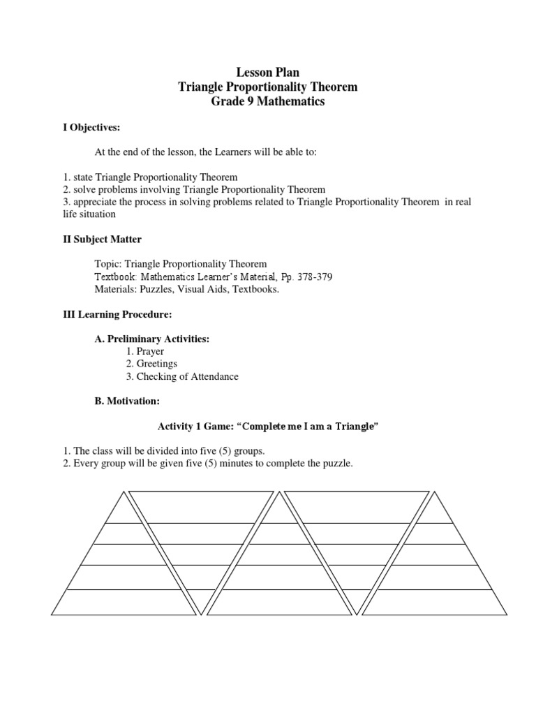 Lesson Plan Triangle Proportionality Theorem Grade 9 Mathematics | PDF ...