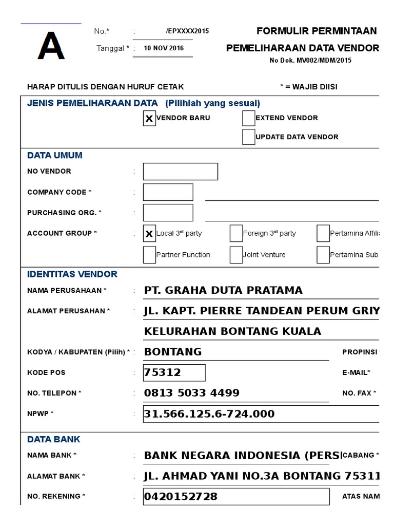 Rekanan Pertamina EP Form Vendor Request - PTK 007 Rev.3 | PDF