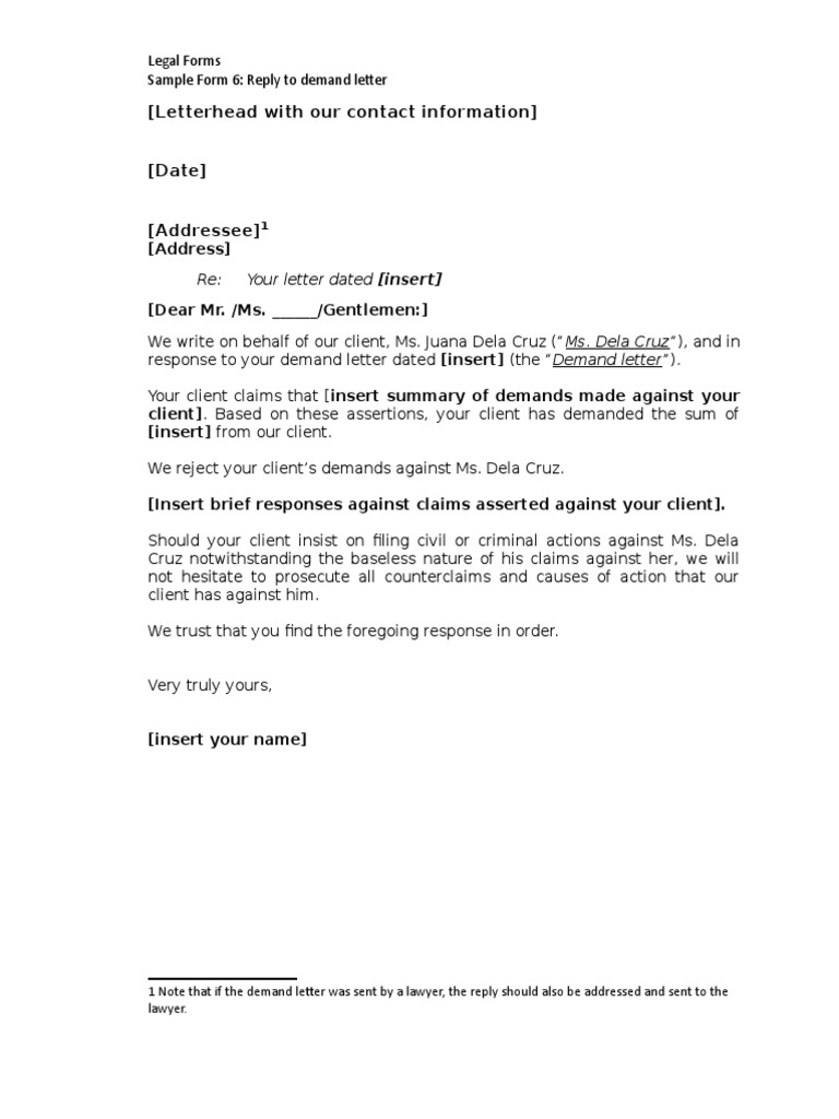 Legal Response to Demand Letter Sample | PDF
