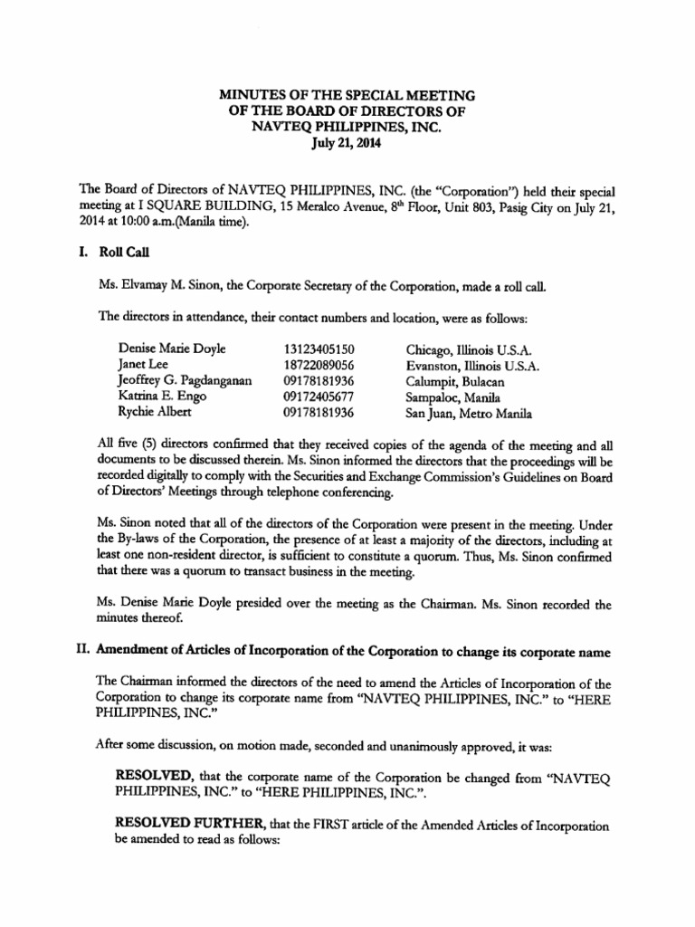 Telecon Minutes of Special Meeting of BOD (Sample) | PDF