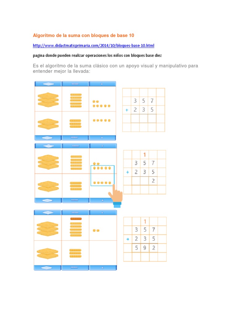 Algoritmo de la suma con bloques de base 10.docx | Sustracción | Algoritmos