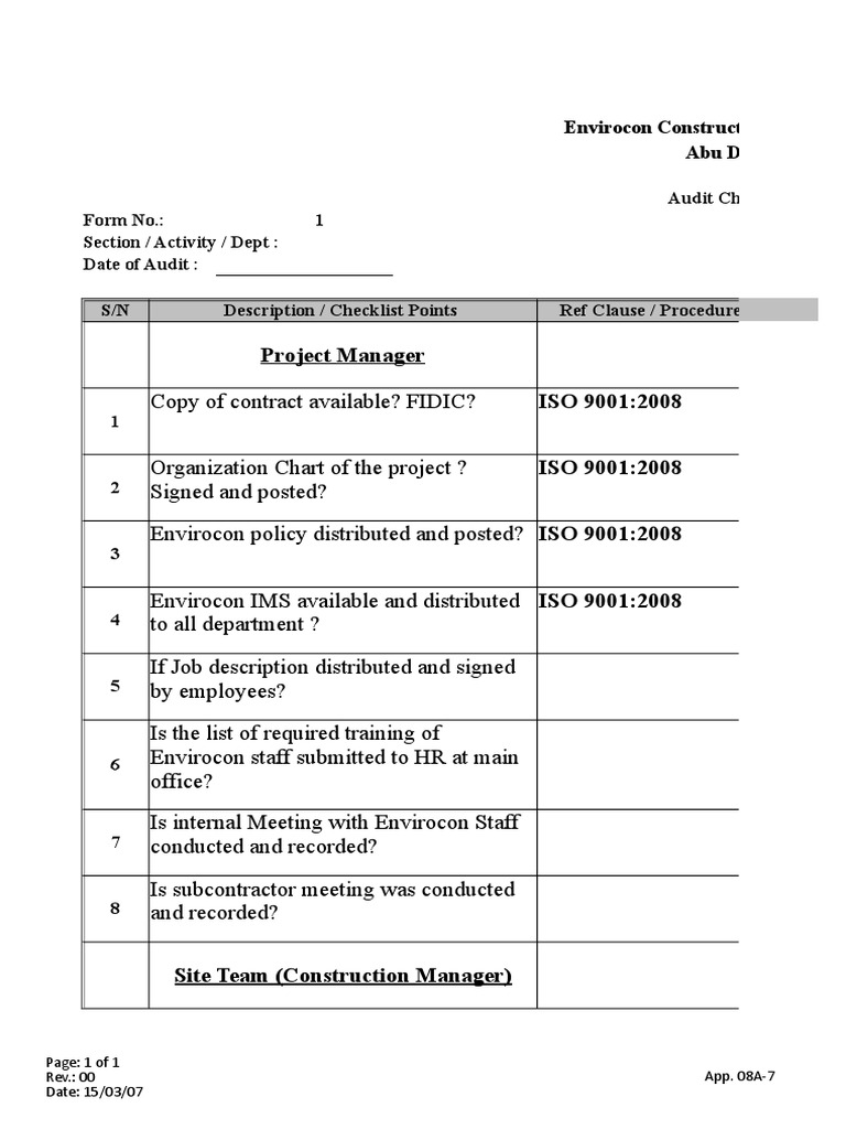 Audit Checklist For Plant | Iso 9000 | Business